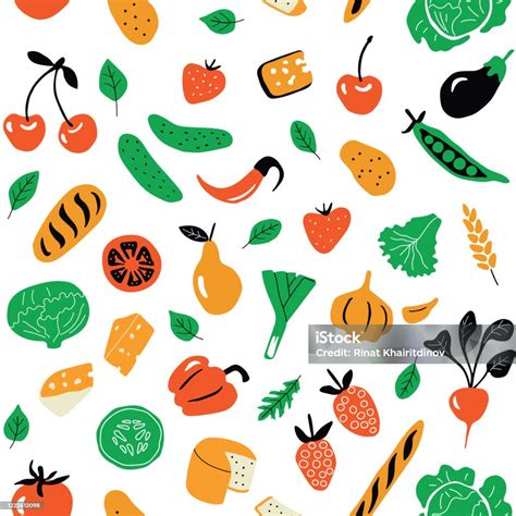 건강 식품 유기농 제품으로 매끄러운 패턴 직물 포장 직물에 대한 재미있는 낙서 손으로 그려진 질감 천연 과일 채소 및 유제품 벡터 플랫 일러스트레이션입니다 음식에 대한 스톡