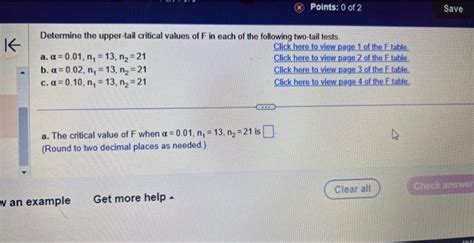solved determine the upper tail critical values of f in each
