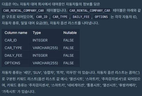 프로그래머스 자동차 종류 별 특정 옵션이 포함된 자동차 수 구하기 Mysql 프로그래머스 자동차 종류 별 특정 옵션이 포함된 자동차 수 구하기 Mysql