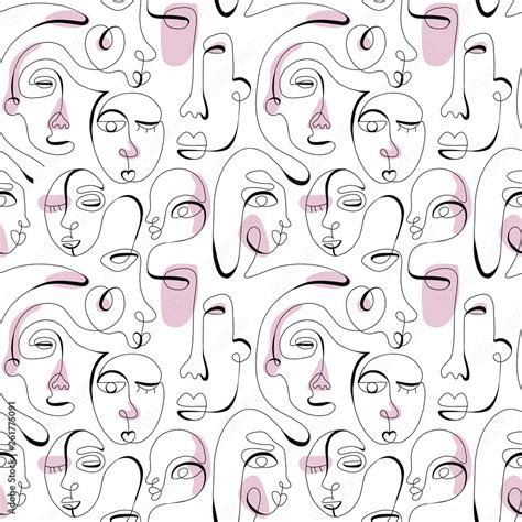 One Line Drawing Abstract Face Seamless Pattern Modern Minimalism Art Aesthetic Contour