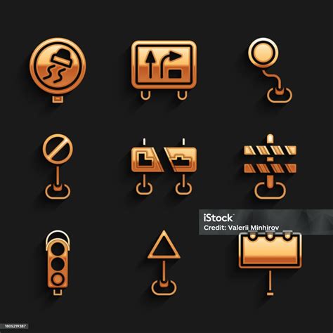 도로 교통 표지판 삼각형 경고 공백 조명이 있는 광고판 장벽 교통 정지 및 미끄러운 도로 아이콘을 설정합니다 벡터 0명에 대한