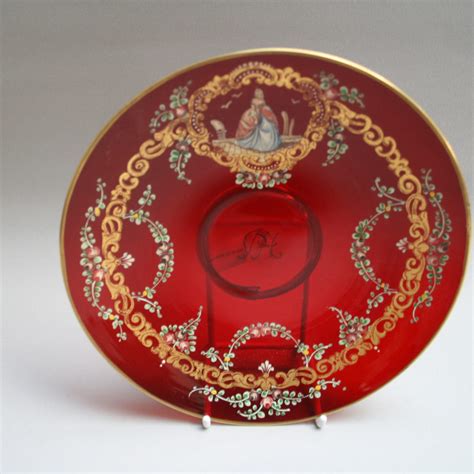 A Victorian Ruby Glass Plate With Hand Painted Gilded And Enamelled