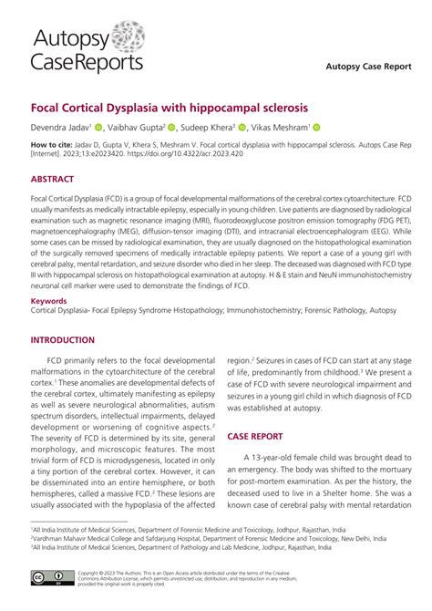 Pdf Focal Cortical Dysplasia With Hippocampal Sclerosis