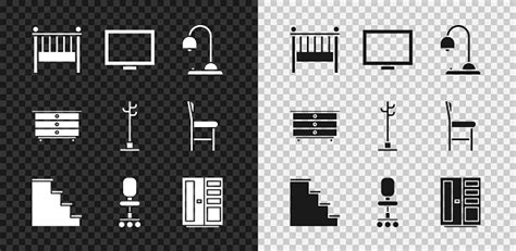 아기 침대 요람 침대 테이블에 액자 테이블 램프 계단 사무실 의자 옷장 서랍장 코트 스탠드 아이콘 세트 벡터 0명에 대한 스톡 벡터 아트 및 기타 이미지 Istock
