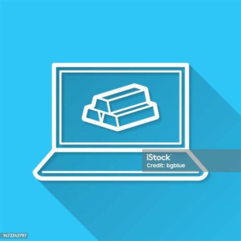 금괴가 있는 노트북 파란색 배경에 아이콘 긴 그림자가 있는 평면 디자인 3차원 형태에 대한 스톡 벡터 아트 및 기타 이미지 3차원 형태 가격 개념 Istock