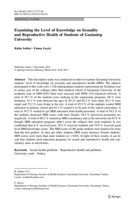PDF Examining The Level Of Knowledge On Sexuality And Reproductive Health Of Babes Of