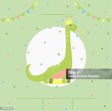 왕관과 호루라기 샘플에 공룡과 함께 어린이 초대장 텍스트 필드가있는 배경 어린이의 생일 공룡 왕관 휘파람 깃발 0명에 대한 스톡 벡터 아트 및 기타 이미지 Istock