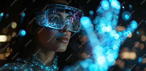 Premium Photo Woman In Glowing Glasses Against A Night City Backdrop The Concept Of Augmented