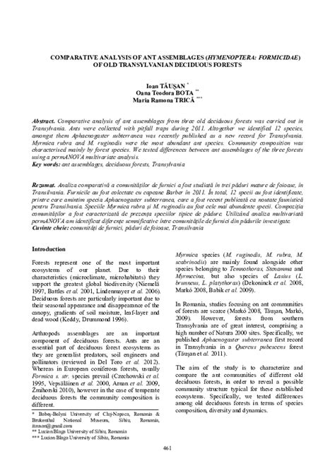 Pdf Comparative Analysis Of Ant Assemblages Hymenoptera Formicidae Of Old Transylvanian