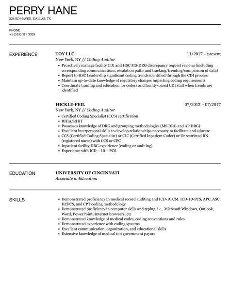 Coding Auditor Resume Samples Velvet Jobs