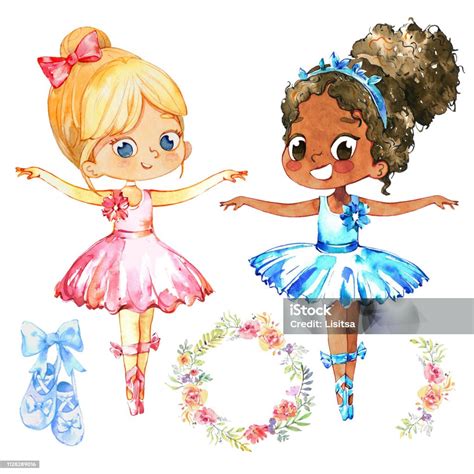 아프리카계 미국인 발레리 나 공주 캐릭터 댄서 세트입니다 귀여운 자식 여자 학교 클래스에서 블루 투투 의상 훈련을 착용 아기 발레 포스터 디자인 개념 평면 만화 일러스트