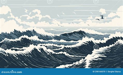 An Illustration Of A Sea With Waves And Birds Ai Stock Illustration