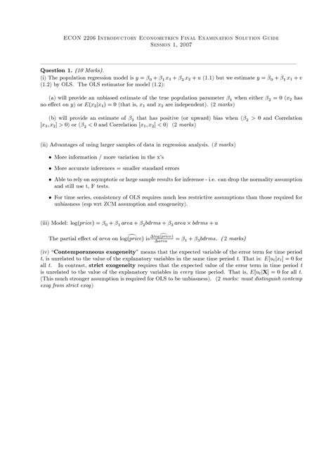 Exam 2007 Questions Econ 2206 Introductory Econometrics Final Examination Solution Guide