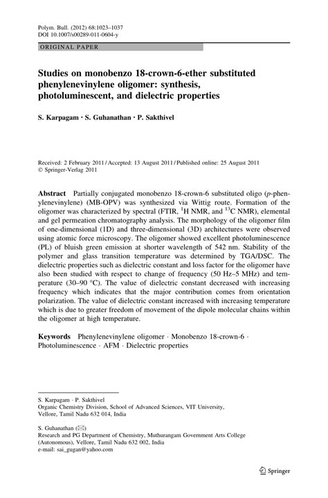 Pdf Studies On Monobenzo 18 Crown 6 Ether Substituted