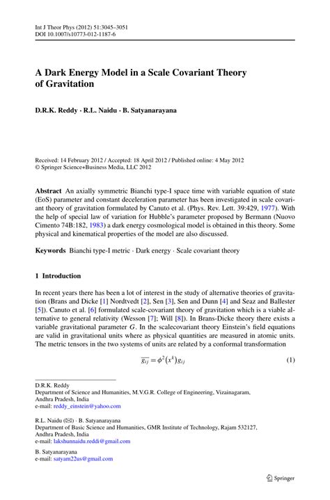 Pdf A Dark Energy Model In A Scale Covariant Theory Of Gravitation