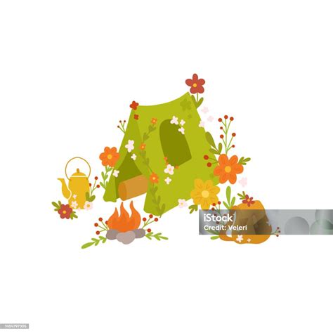 흰색 배경에 여름 모험의 벡터 클립 아트 일러스트레이션 하이킹의 밝은 아이 이미지 텐트와 캠프 파이어 벽난로에 대한 스톡 벡터 아트 및 기타 이미지 Istock