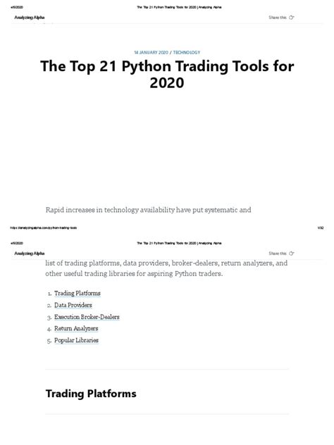 The Top 21 Python Trading Tools For 2020 Analyzing Alpha Pdf Computer Programming Software