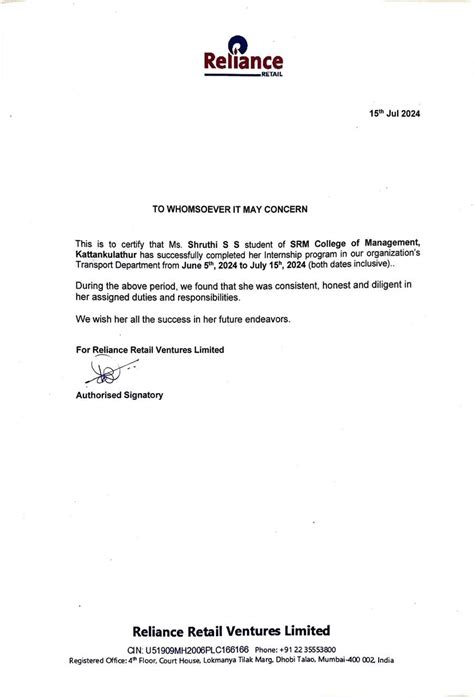 Finished My Internship At Reliance Retail Shruthi S S Posted On The Topic Linkedin