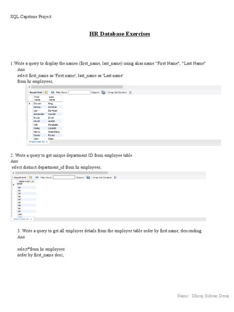 Hr Database Exercises Name Dhiraj Subrao Desai Pdf Sql Databases