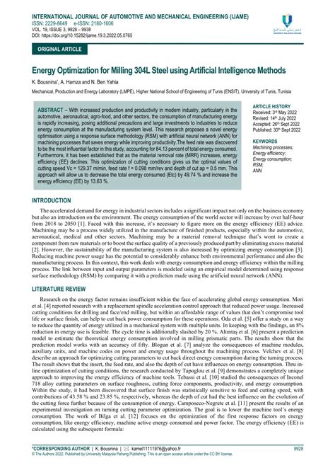 pdf energy optimization for milling 304l steel using artificial