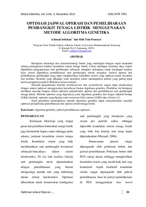 Pdf Optimasi Jadwal Operasi Dan Pemeliharaan Pembangkit Tenaga Listrik Menggunakan Metode