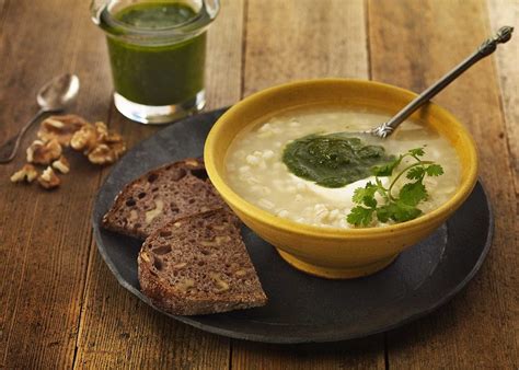 Yogurt Barley Soup With Cilantro Walnut Pesto California Walnuts