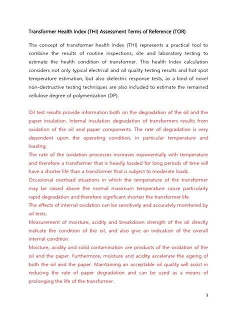 Transformer Health Index Assessment Rev D Pdf Transformer Chemistry