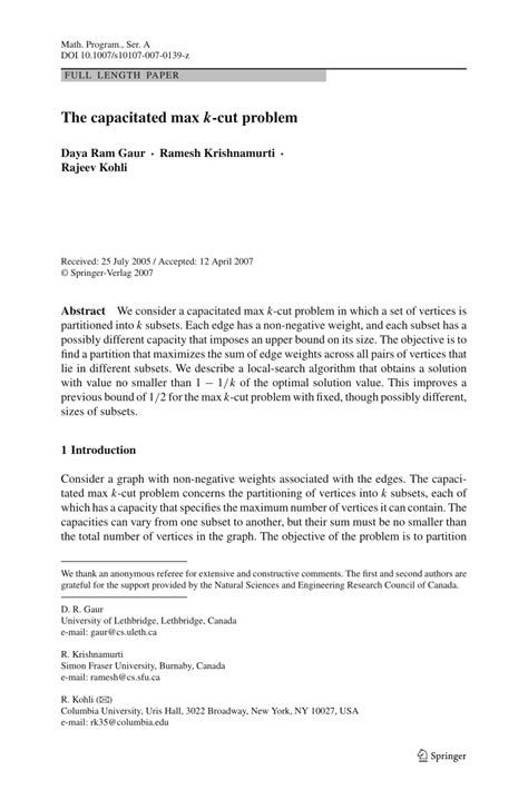 Pdf The Capacitated Max K Cut Problem