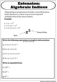 Year 7 Indices Index Notation Lesson With Scaffolded Notes And Worksheets AC