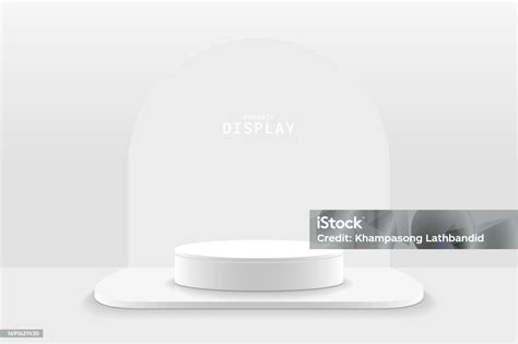 3d 흰색 실린더 연단 받침대는 클린 룸과 아치 모양에서 사실적입니다 모형을 위한 최소한의 벽 장면 쇼케이스 3d 벡터 기하학적 형태 프리젠테이션 또는 프로모션을 위한 제품