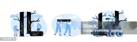 목재 작업자 작업을 설정합니다 숲에서 로깅하는 트럭 장비 및 도구로 작업복을 작업하는 Lumberjack 캐릭터 벡터에 대한 스톡 벡터 아트 및 기타 이미지 Istock