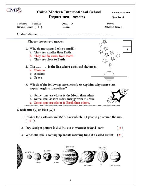 grade 1 quiz 4 3 model answer pdf