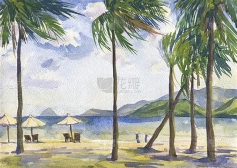 海滩上有棵棕榈树。海景。水彩速写素材 花瓣网