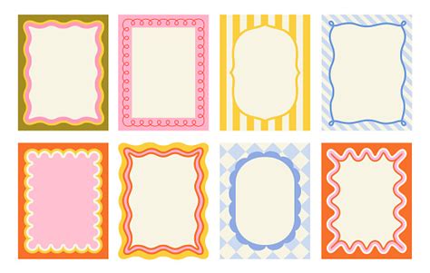 물결 모양의 가장자리가 있는 프레임 세트입니다 트렌디한 기념일 로고는 기하학적 패턴과 곡선 모양으로 테두리를 장식합니다 초대장을 위한 추상적인 디자인 요소 평면 벡터