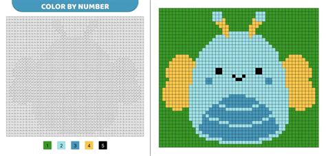 파란 나비 스퀴시멜로 숫자별 색상 픽셀 색칠하기 책 번호가 매겨진 사각형 어린이를 위한 게임 픽셀 아트 격리된 벡터 그림 Eps 10 프리미엄 벡터
