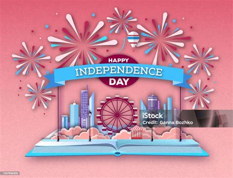 도시 풍경과 휴일 불꽃 놀이와 함께 오픈 동화 책 일 종이 아트 스타일 디자인을 잘라 4에 대한 스톡 벡터 아트 및 기타 이미지 4 7월 건설 산업 Istock