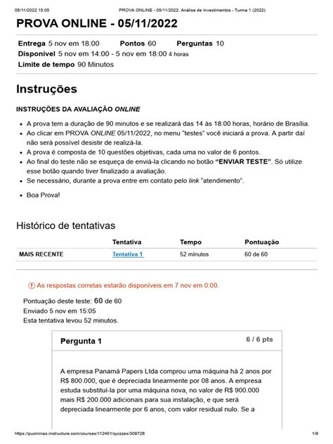 Prova Online 05 11 2022 Análise De Investimentos Turma 1 2022 Pdf Valor Presente