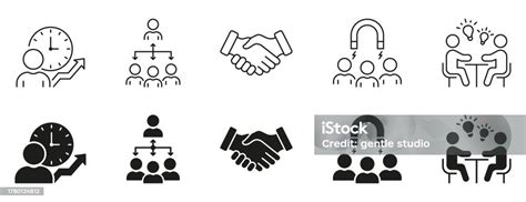 비즈니스 조직 라인과 실루엣 아이콘 세트 파트너십 직업의 성공 블랙 픽토그램 휴먼 네트워킹 심볼 컬렉션 팀 전략 서명 고립된 벡터 삽화 검색에 대한 스톡 벡터 아트 및 기타