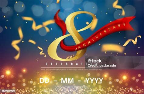 골드와 블루 배경 8 년 기념일 로고 템플릿 여덟 빨간 리본 벡터와 색종이 고립 된 디자인 요소와 황금 숫자를 축 하 8세기에 대한 스톡 벡터 아트 및 기타 이미지 Istock