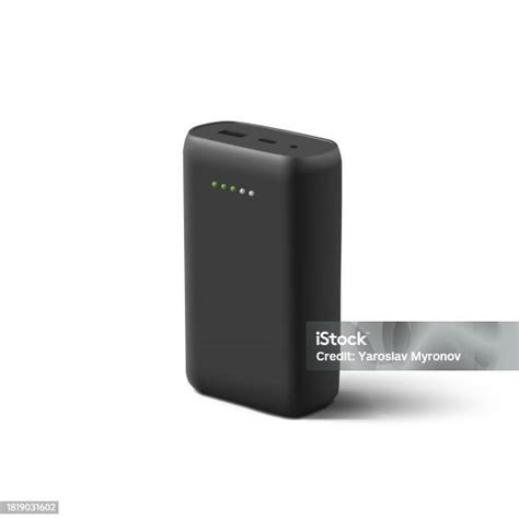 블랙 휴대용 최신 배터리 전원 은행 3d 전기 장치 에너지 이동성 및 신기술 충전의 개념에 대해 벡터 보조 배터리에 대한 스톡