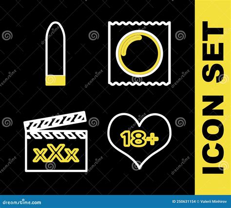 Set Line Condom In Package 18 Plus Content Heart Movie Clapper With Sex And Vibrator Icon