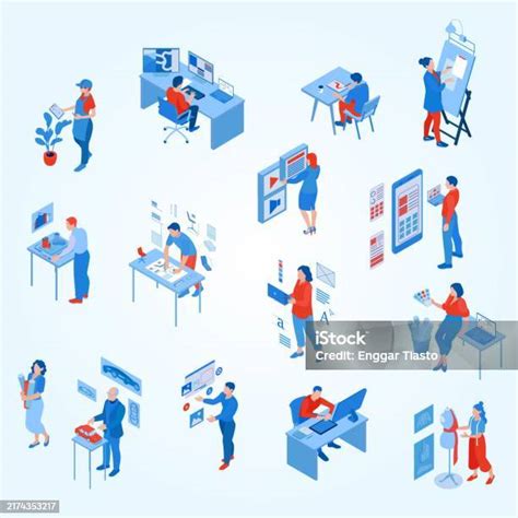 다양한 분야에서 디자이너로 일하는 사람들의 아이소 메트릭 색상 세트 고립 된 벡터 일러스트 레이 션 등측투영법에 대한 스톡 벡터 아트 및 기타 이미지 Istock