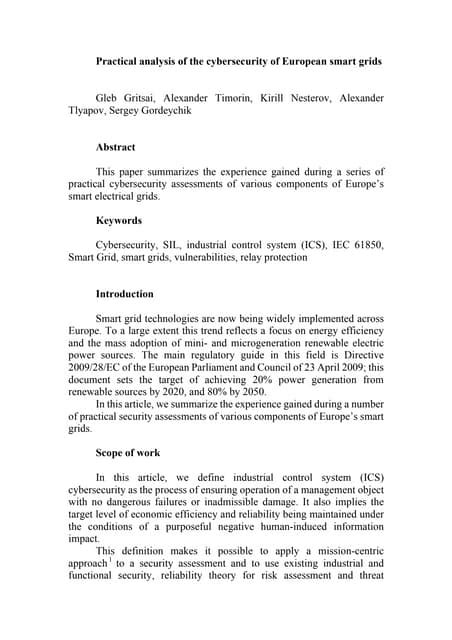 Practical Analysis Of The Cybersecurity Of European Smart Grids Pdf