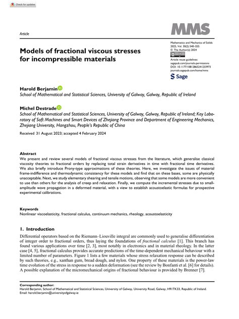 Pdf Models Of Fractional Viscous Stresses For Incompressible Materials