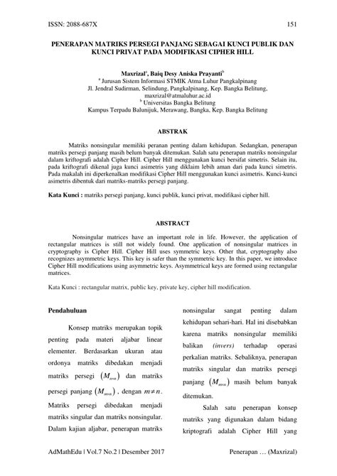 Pdf Penerapan Matriks Persegi Panjang Sebagai Kunci Publik Dan Kunci