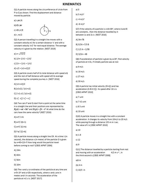 Kinematics Questions Mcq Pdf Acceleration Projectiles