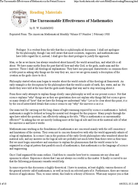 1980 The Unreasonable Effectiveness Of Mathematics In The Natural