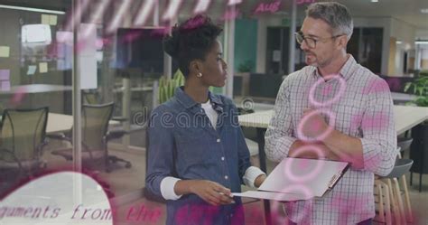 Image Of Data Processing And Diagrams Over Diverse Colleagues Discussing Work Stock Image