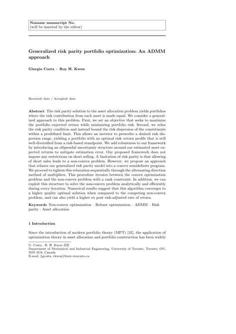 Pdf Generalized Risk Parity Portfolio Optimization An Admm Approach