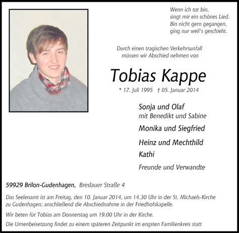 Traueranzeigen Von Tobias Kappe Trauer In Nrw De